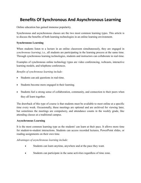 Benefits Of Synchronous And Asynchronous Learning