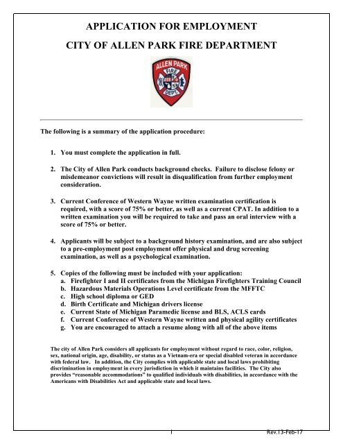 APPLICATION FOR EMPLOYMENT CITY OF ALLEN PARK FIRE DEPARTMENT
