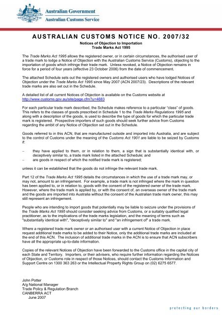 AUSTRALIAN CUSTOMS NOTICE NO. 2007/32