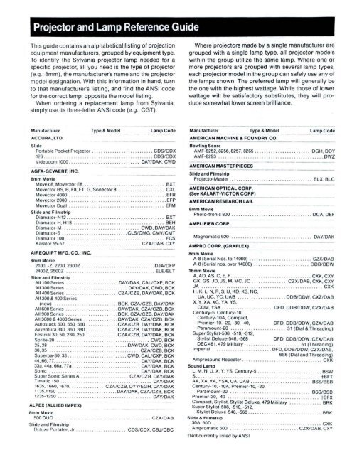 Projector and Lamp Reference Guide - Photo/Image News Network