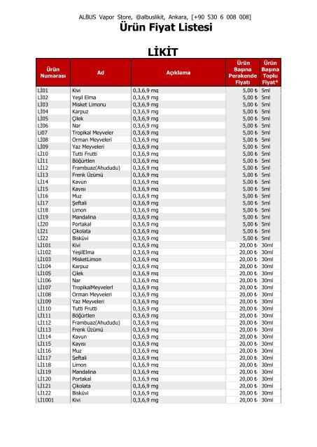 ÜRÜN FİYAT LİSTESİ