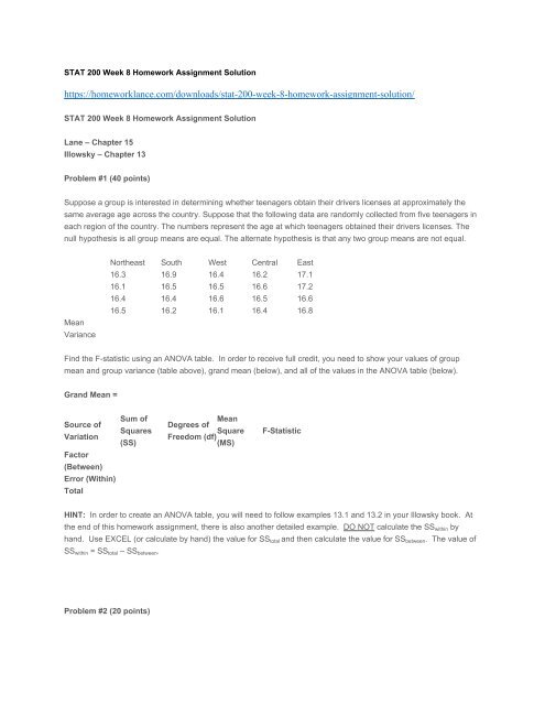 Stat 200 Week 8 Homework Assignment Solution