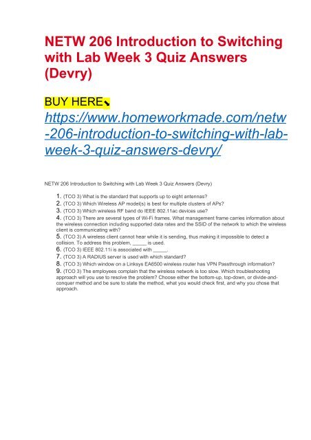NETW 206 Introduction to Switching with Lab Week 3 Quiz Answers (Devry)