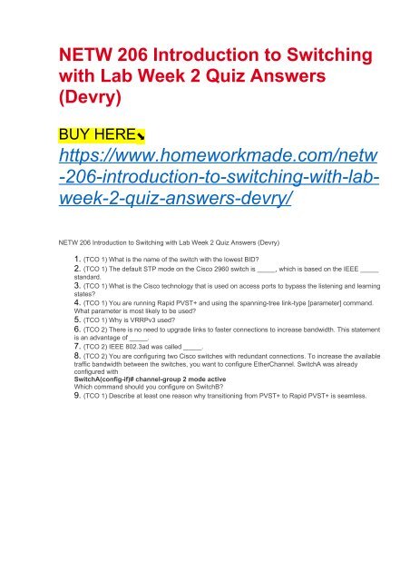 NETW 206 Introduction to Switching with Lab Week 2 Quiz Answers (Devry)