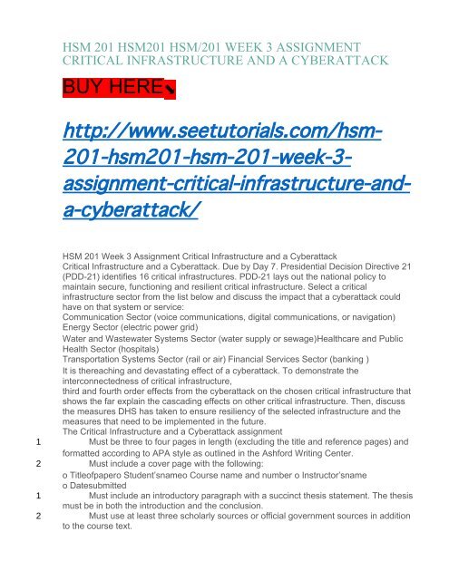 HSM 201 HSM201 HSM:201 WEEK 3 ASSIGNMENT CRITICAL INFRASTRUCTURE AND A ...