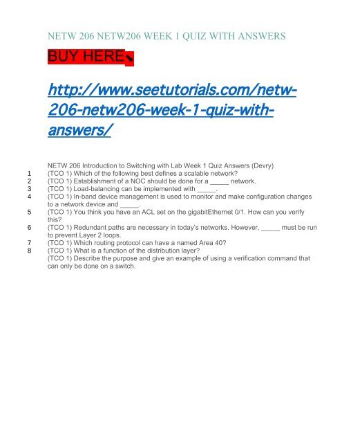 NETW 206 NETW206 WEEK 1 QUIZ WITH ANSWERS