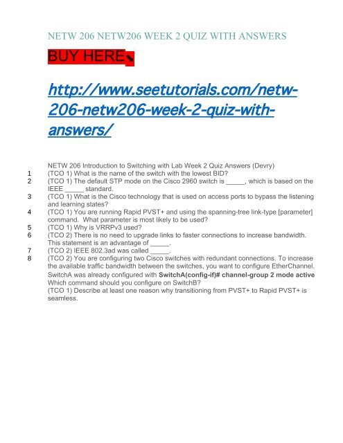 NETW 206 NETW206 WEEK 2 QUIZ WITH ANSWERS