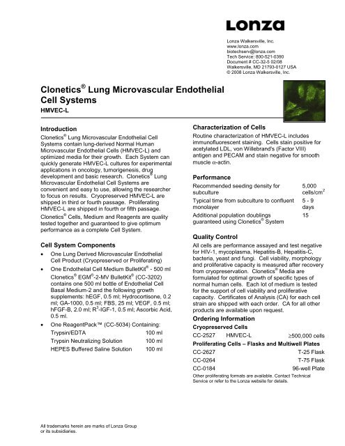 HMVEC-L Lung Microvascular Endothelial Cell Systems CC-32-5