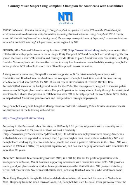 Country Music Singer Craig Campbell Champion for Americans with ...