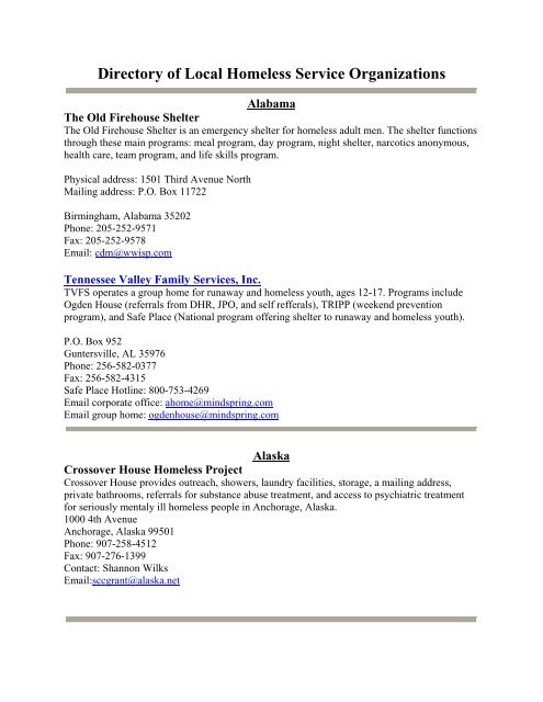Directory of Local Homeless Service Organizations