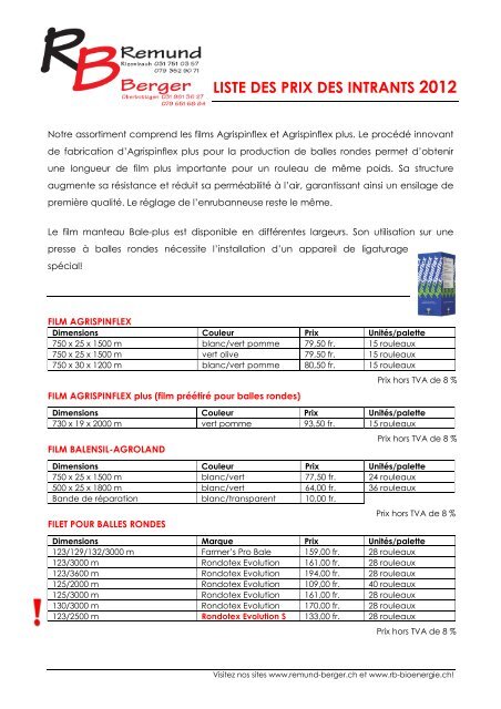 LISTE DES PRIX DES INTRANTS 2012