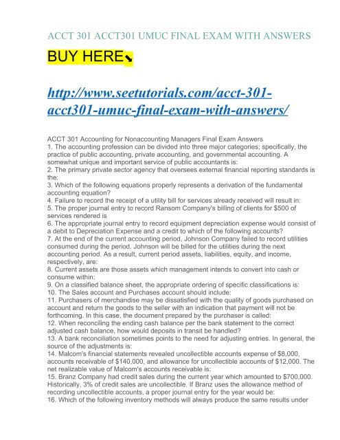 ACCT 301 ACCT301 UMUC FINAL EXAM WITH ANSWERS