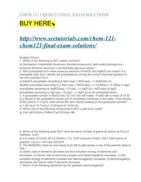 CHEM 121 CHEM121 FINAL EXAM SOLUTIONS CHEM 121 CHEM121 FINAL EXAM SOLUTIONS