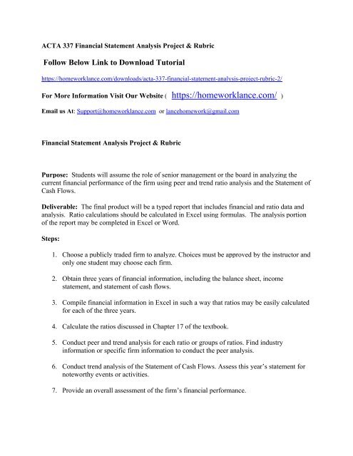 ACTA 337 Financial Statement Analysis Project & Rubric