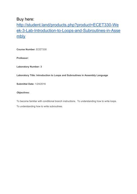 ECET330 Week 3 Lab Introduction to Loops and Subroutines in Assembly