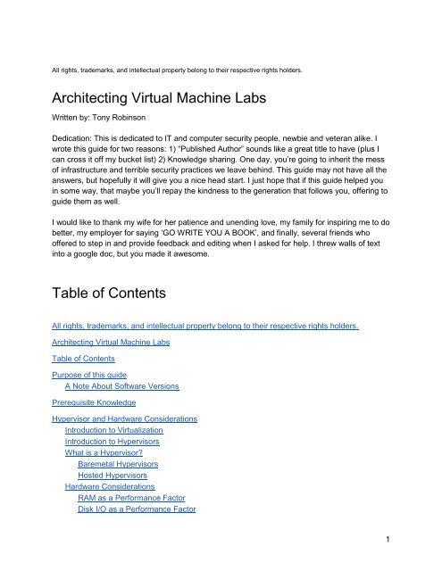 Architecting Virtual Machine Labs Table of Contents