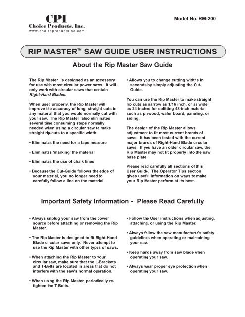 rip mastertm saw guide user instructions - Choice Products, Inc.