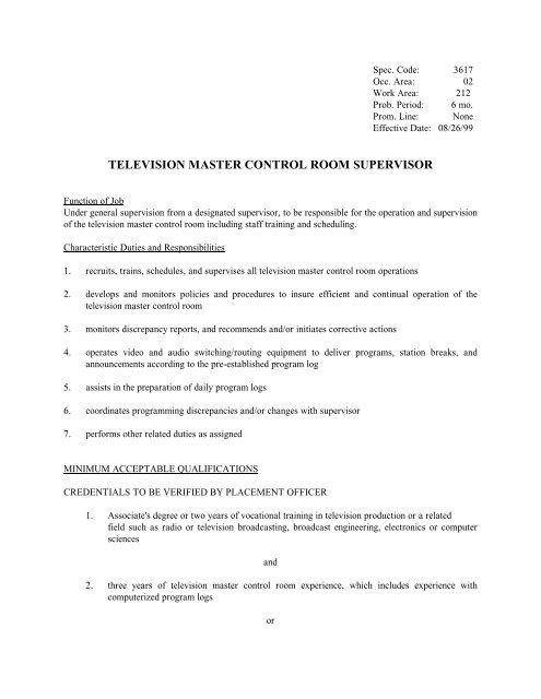 TELEVISION MASTER CONTROL ROOM SUPERVISOR
