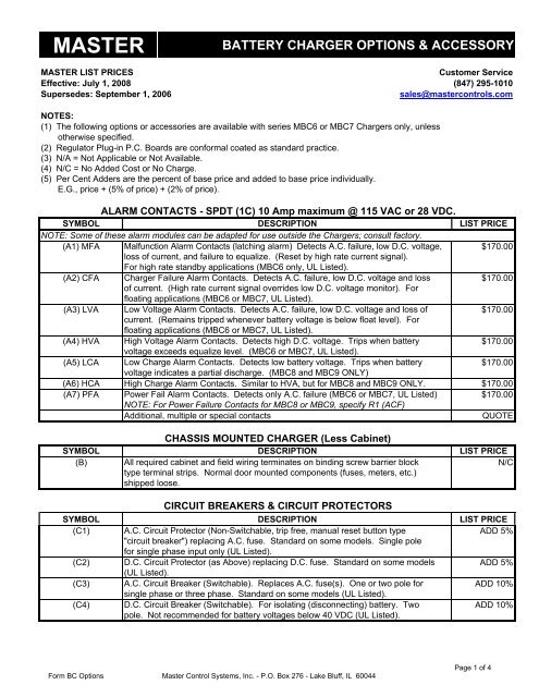 battery charger options & accessory - Master Control Systems, Inc