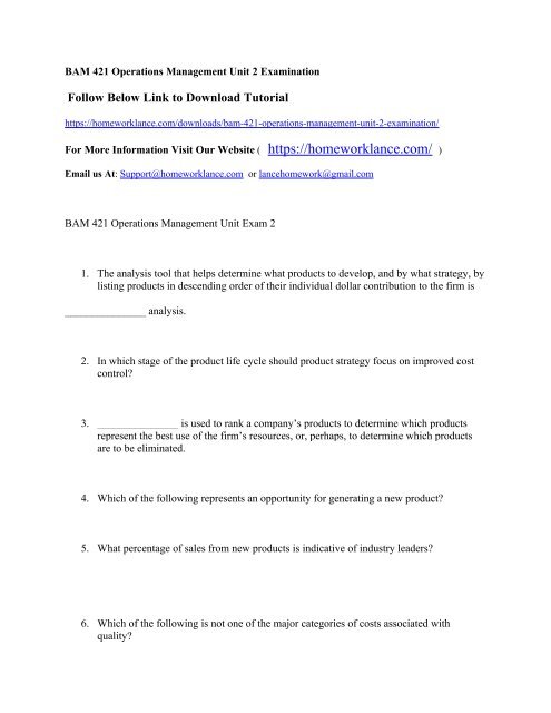 BAM 421 Operations Management Unit 2 Examination.