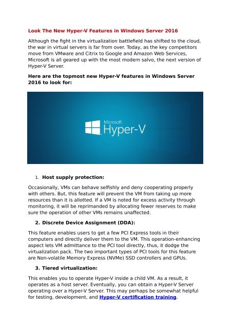 Look The New Hyper-V Features in Windows Server 2016