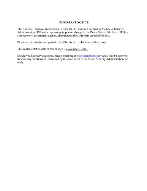 IMPORTANT NOTICE: Change in Public Death Master File