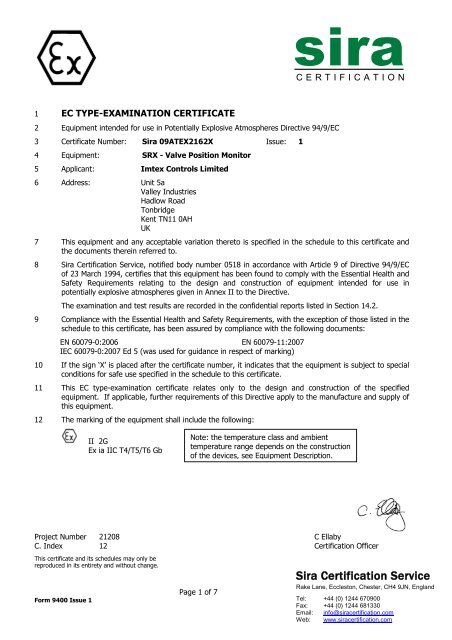 Sira Certification Service - Imtex Controls