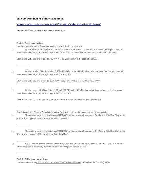 NETW 360 Week 2 iLab RF Behavior Calculations