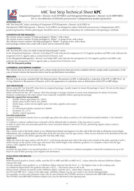 MIC Test Strip Technical Sheet KPC - Liofilchem® srl