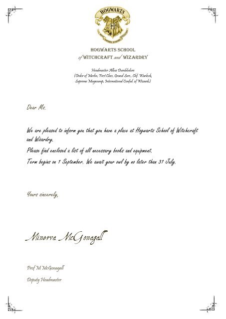 Hogwarts School Of Witchcraft And Wizardry Letter