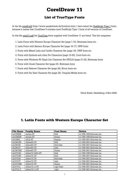 CorelDraw 11 List of TrueType Fonts - Laser Image Works