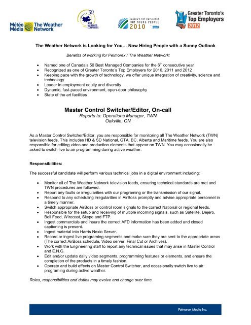 Master Control Switcher/Editor, On-call - The Weather Network