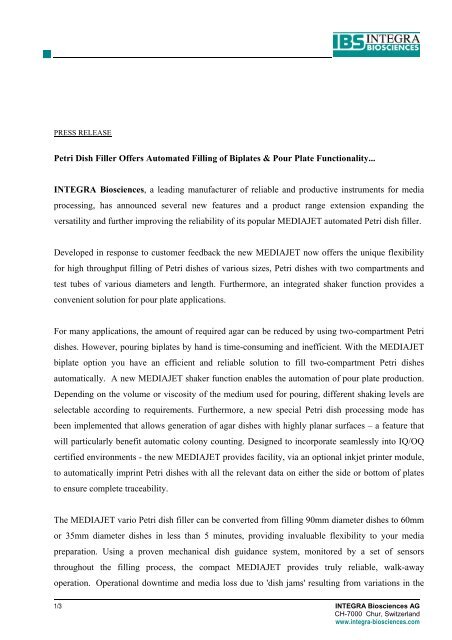 Petri Dish Filler Offers Automated Filling of ... - INTEGRA Biosciences