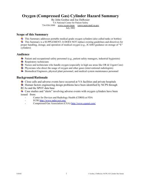 Oxygen Cylinder Hazard Summary - National Center for Patient Safety