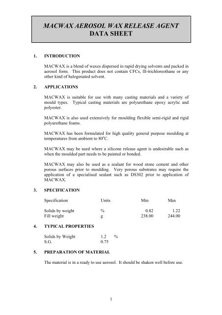 MACWAX AEROSOL WAX RELEASE AGENT DATA SHEET