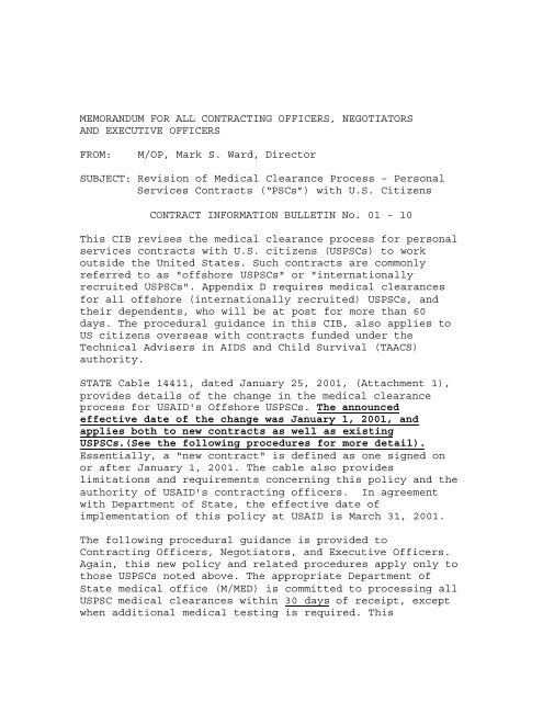 MEMORANDUM FOR ALL CONTRACTING OFFICERS ... - usaid