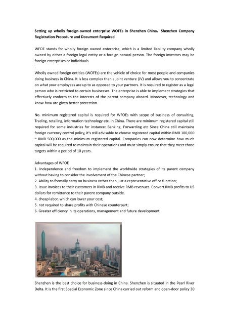 Setting up wholly foreign-owned enterprise WOFs in Shenzhen China