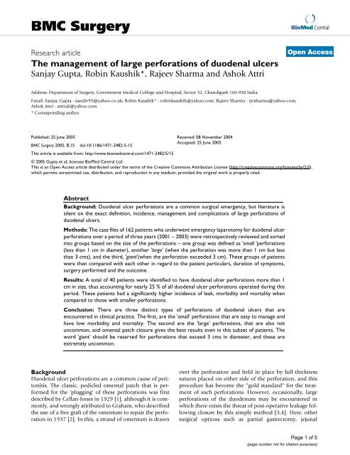 The management of large perforations of duodenal ulcers