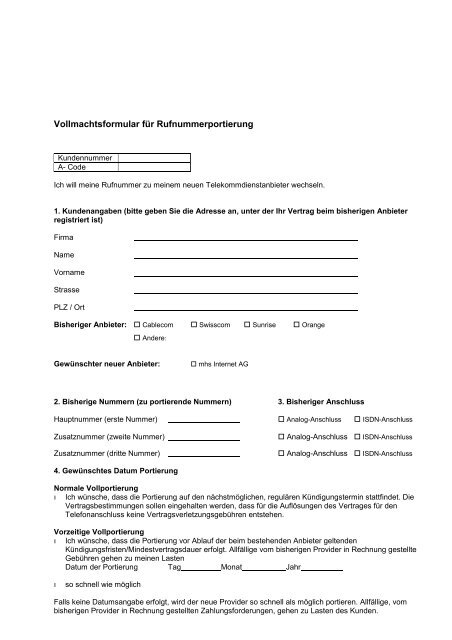 Portierungsformular Telefon