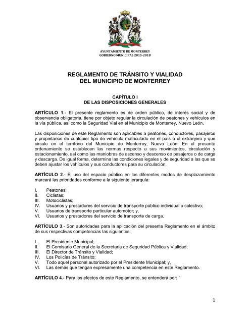 REGLAMENTO DE TRÁNSITO Y VIALIDAD DEL MUNICIPIO DE MONTERREY