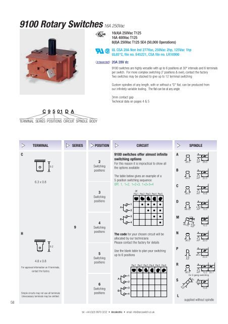 9100 Rotary Switches16A 250Vac