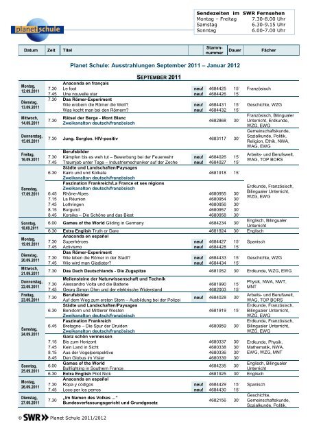 SWR Programmübersicht 1. Halbjahr 11/12 (PDF-Dokument