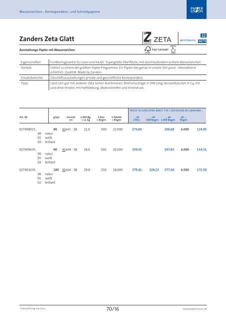 Zanders Zeta Glatt - Papier Union