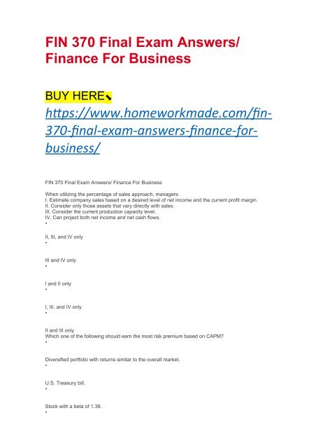FIN 370 Final Exam Answers: Finance For Business