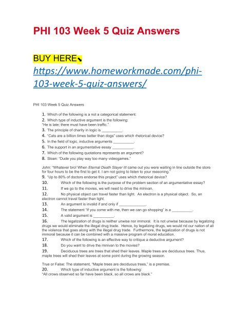 PHI 103 Week 5 Quiz Answers PHI 103 Week 5 Quiz Answers