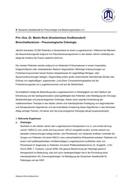 Priv.-Doz. Dr. Martin Reck (Krankenhaus Großhansdorf ...