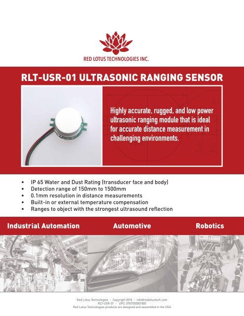 Red Lotus Technologies - Ultrasonic Sonar Ranging Sensor - Data Sheet
