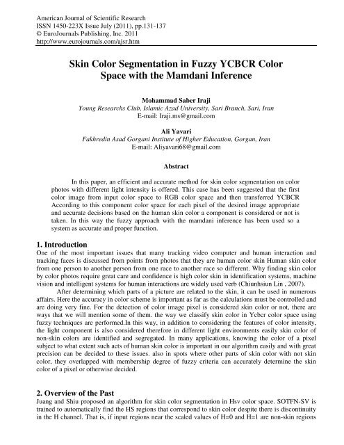 Skin Color Segmentation In Fuzzy Ycbcr Color Eurojournals