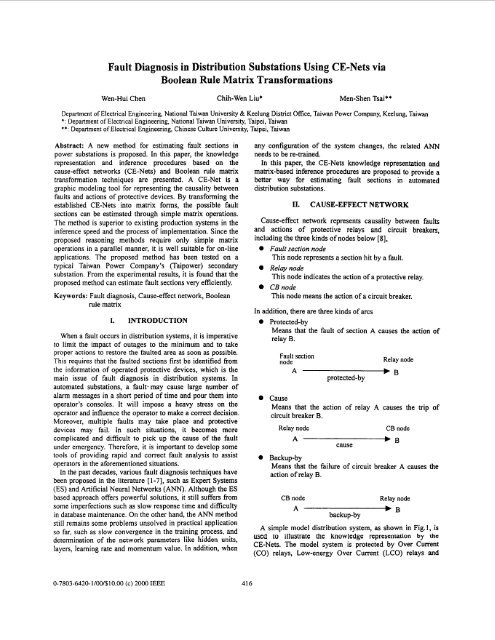 Fault Diagnosis In Distribution Substations Using Ce Nets Via Boolean