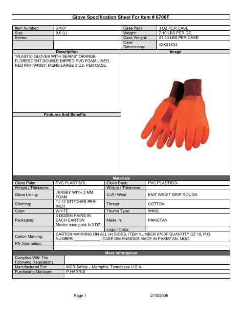 Glove Specification Sheet For Item # 6700F